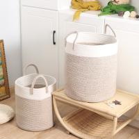 China New Large Tall Brown Eco-Friendly Folding Woven Cotton Rope Laundry Hamper Storage Baskets for Living Room Toys for sale