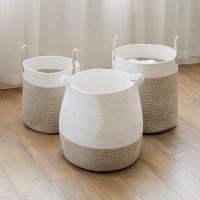China New Large Tall Brown Eco-Friendly Folding Woven Cotton Rope Laundry Hamper Storage Baskets for Living Room Toys for sale