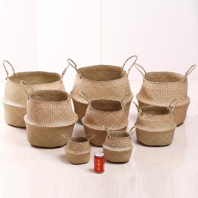 China Multifunctional Straw Storage Home Decor Folding Laundry Belly Baskets Handwoven Brown Round for sale