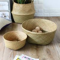 China Multifunctional Straw Storage Home Decor Folding Laundry Belly Baskets Handwoven Brown Round for sale