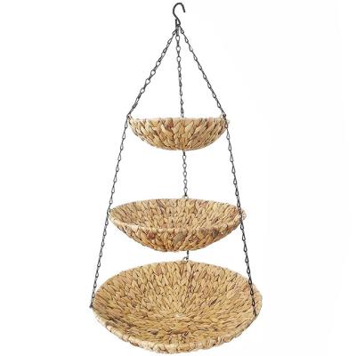 China 3 Tier Hanging Fruit Basket Handmade Plant Holder Natural Water Hyacinth Wall Vegetable Storage Baskets for sale