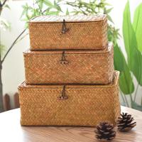 China Natural Handmade Rattan Rectangle Hand Woven Seagrass Gift Storage Baskets with Lid and Liner for Organizer Closet for sale