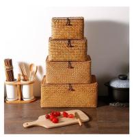 China Natural Handmade Rattan Rectangle Hand Woven Seagrass Gift Storage Baskets with Lid and Liner for Organizer Closet for sale