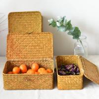 China Natural Handmade Rattan Rectangle Hand Woven Seagrass Gift Storage Baskets with Lid and Liner for Organizer Closet for sale