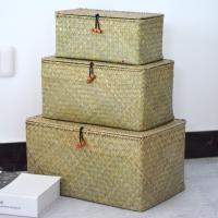 China Natural Handmade Rattan Rectangle Hand Woven Seagrass Gift Storage Baskets with Lid and Liner for Organizer Closet for sale
