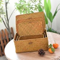 China Natural Handmade Rattan Rectangle Hand Woven Seagrass Gift Storage Baskets with Lid and Liner for Organizer Closet for sale