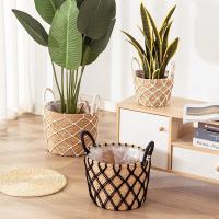 China Wholesale Straw Basket Woven Seagrass Natural Rattan Handmade Storage Plant Basket with Handles for sale