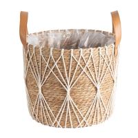 China Wholesale Straw Basket Woven Seagrass Natural Rattan Handmade Storage Plant Basket with Handles for sale
