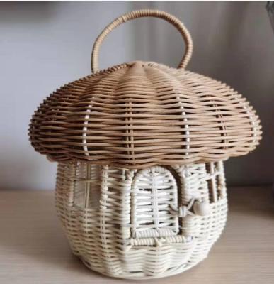 China Rattan pink Mushroom House Toy Storage Bag for Kids Cartoon Toys Handweaving Unique Design Children's Lunch Bags for sale