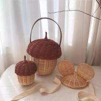 China Rattan pink Mushroom House Toy Storage Bag for Kids Cartoon Toys Handweaving Unique Design Children's Lunch Bags for sale