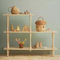 China Rattan pink Mushroom House Toy Storage Bag for Kids Cartoon Toys Handweaving Unique Design Children's Lunch Bags for sale
