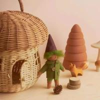 China Rattan pink Mushroom House Toy Storage Bag for Kids Cartoon Toys Handweaving Unique Design Children's Lunch Bags for sale