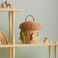 China Rattan pink Mushroom House Toy Storage Bag for Kids Cartoon Toys Handweaving Unique Design Children's Lunch Bags for sale