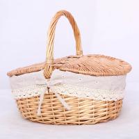 China Oval Handmade Durable Wicker Picnic Storage Basket Willow Woven Basket with Removable Washable Lining  for Kids Camping for sale