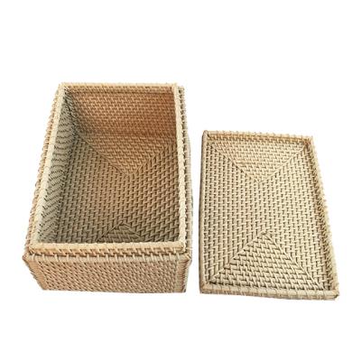 China Hot Sale Hand-woven Rottan Storage Basket Hotel Office Living Room Bedroom Square Storage Basket With Lid for sale