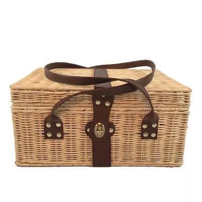 China OEM Handmade Woven Natural Plastic Rattan Picnic Basket With Leather Handle for sale