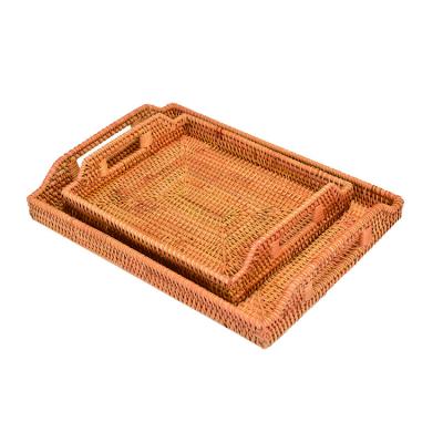 China Set of 2 Food Serving Tray Natural Rattan Storage Tray Hand Weaving Rattan Tray for sale