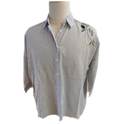 China Embroidery Ladies Cotton Blue And White Striped Blouse for sale