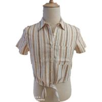 China Tie Front Short Sleeve Female Brown Striped Blouse for sale