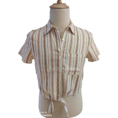 China Tie Front Short Sleeve Female Brown Striped Blouse for sale
