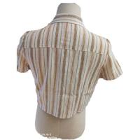 China Tie Front Short Sleeve Female Brown Striped Blouse for sale