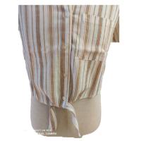 China Tie Front Short Sleeve Female Brown Striped Blouse for sale