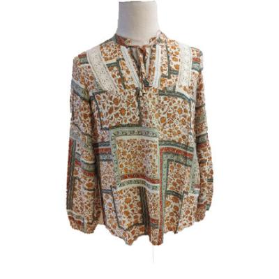 China Lace Up Neck Yarn Dyed 98% Viscose Chain Print Blouse for sale