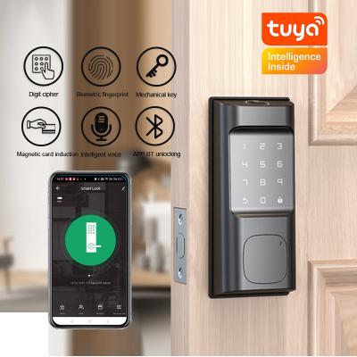 China Black Smart Tuya App Door Lock CNC Zinc Alloy Anti peep Fingerprint Code Access for sale