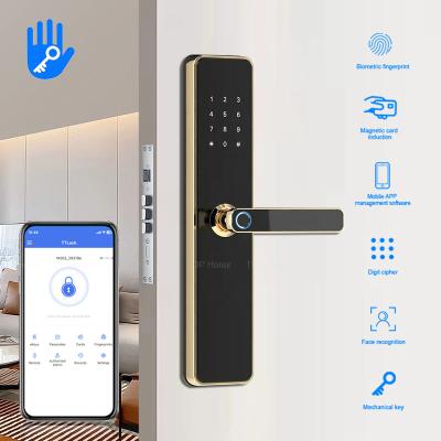 China TT Lock Gold Smart Front Door Locks Anti Peep Password Fingerprint Card Acess for sale