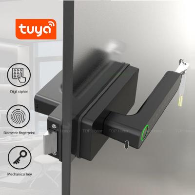 China Smart Biometric Fingerprint Glass Door Lock Semi Auto Tuya App Wireless Control for sale