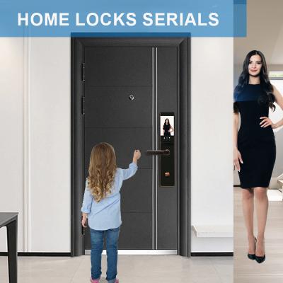 China Tuya Luxury Smart Door Lock Touch Panel Biometric Code Card Key Access Handle Lock for sale