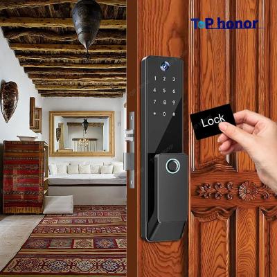 China TH-506 Black Aluminium Full Auto Smart Entry Door Locks Biometric Code Card Key Tuya for sale