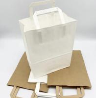 China Flat Handles Reusable Kraft Paper Carry Bags Shopping Restaurant Takeaway Paper Bags for sale