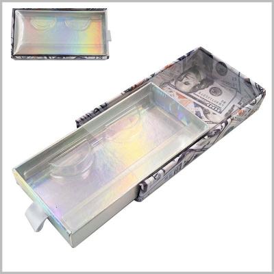 China Glitter Eyelash Packaging Box With Money Print Design And Clear Slide Cover for sale
