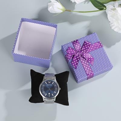 China Elegant Purple Polka Dot Watch Gift Box with Silk Ribbon Premium Jewelry Packaging for Luxury Watches for sale
