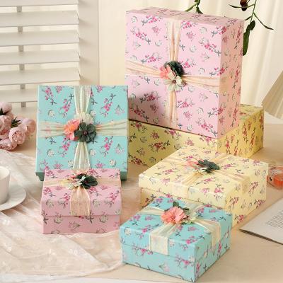 China Premium Floral Gift Box Set Pastel Pink Blue Yellow Ribbon 3D Flower Decor Luxury Empty Packaging For Perfume Jewelry Bridal Favors for sale