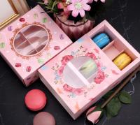 China Pink Feather Rose Macaron Gift Box With Clear Window Elegant French Dessert Packaging For Parties Weddings Favors for sale
