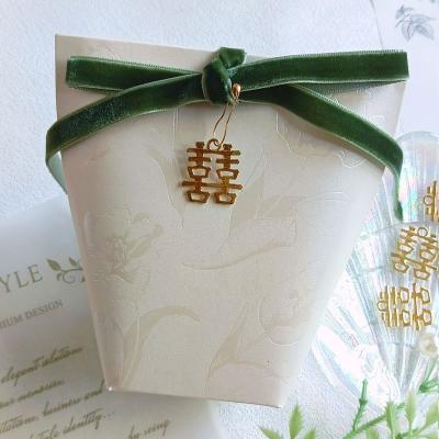 China Custom French Wedding Gift Box with Gold Foil and Green Ribbon for sale