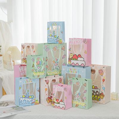 China Cartoon Cute Gift Packaging Bag Birthday Cake Gift Bag Transparent Window Handbag Children'S Holiday Gift Bag for sale