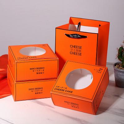 China Cheese Cake Bakery Box Set 6 8 Square Cake Boxes Orange Gift Bags PVC Window Display Custom Logo Printing for sale