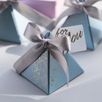 China Pyramid Wedding Favor Boxes Premium Fog Blue with Gold Floral Patterns Luxury Guest Gift Packaging for sale