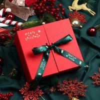China Double Door Christmas Gift Box Set Premium Red With Gold Logo Scarf Thermos Packaging Green Ribbon Closure for sale