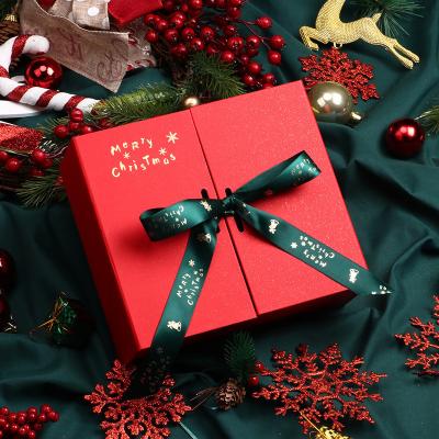 China Double Door Christmas Gift Box Set Premium Red With Gold Logo Scarf Thermos Packaging Green Ribbon Closure for sale