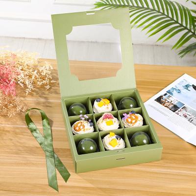 China 9 Grid Pastry Box With Window Premium Dessert Packaging Transparent Display Window Ribbon Closure Gift Box for sale