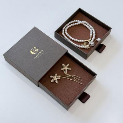 China Valentine's Day High End Luxurious Brown Gold Foil Pull Out Jewelry Gift Box For Necklaces, Bracelets & Earrings for sale