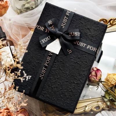 China Luxury Scarf Gift Box Premium Black Rectangle Packaging Rose Gold Foil Lettering Instagram Worthy Presentation for sale