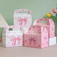 China Pink Bow Handle Gift Box Birthday Party Cookie Croissant Carrier Eco Friendly Paper Box Multi Size Pastry Packaging for sale