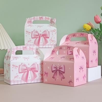 China Pink Bow Handle Gift Box Birthday Party Cookie Croissant Carrier Eco Friendly Paper Box Multi Size Pastry Packaging for sale