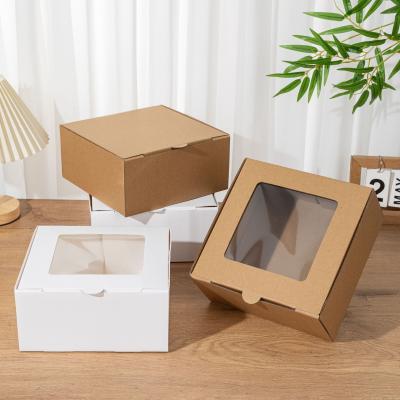 China Eco Kraft Window Cake Box 6 8 Inch Square Dessert Packaging Clear View Window White Brown Mousse Cake Container for sale