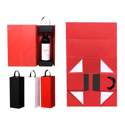 China One Piece Foldable Red Wine Gift Box With Carry Strap Creative Business Wine Packaging for sale